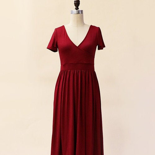 MARA Burgundy Dark Berry Red Draped Jersey Midi Bridesmaid | Etsy