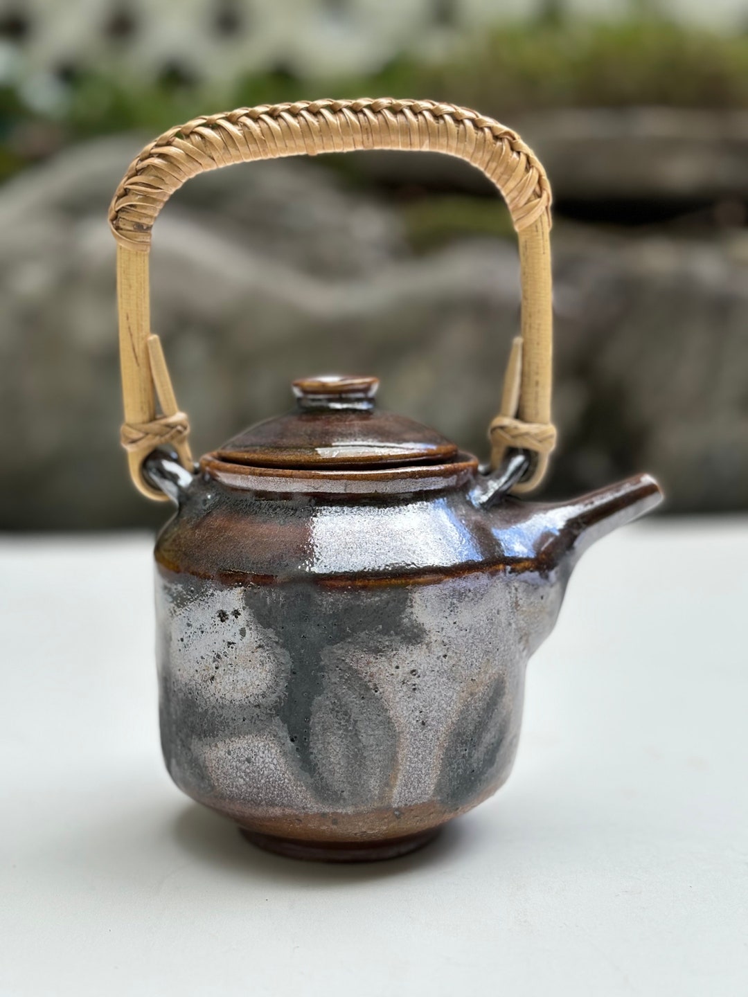 Handmade Soda-fired Teapot: Burgundy Glazed Pottery With Bamboo Handle ...