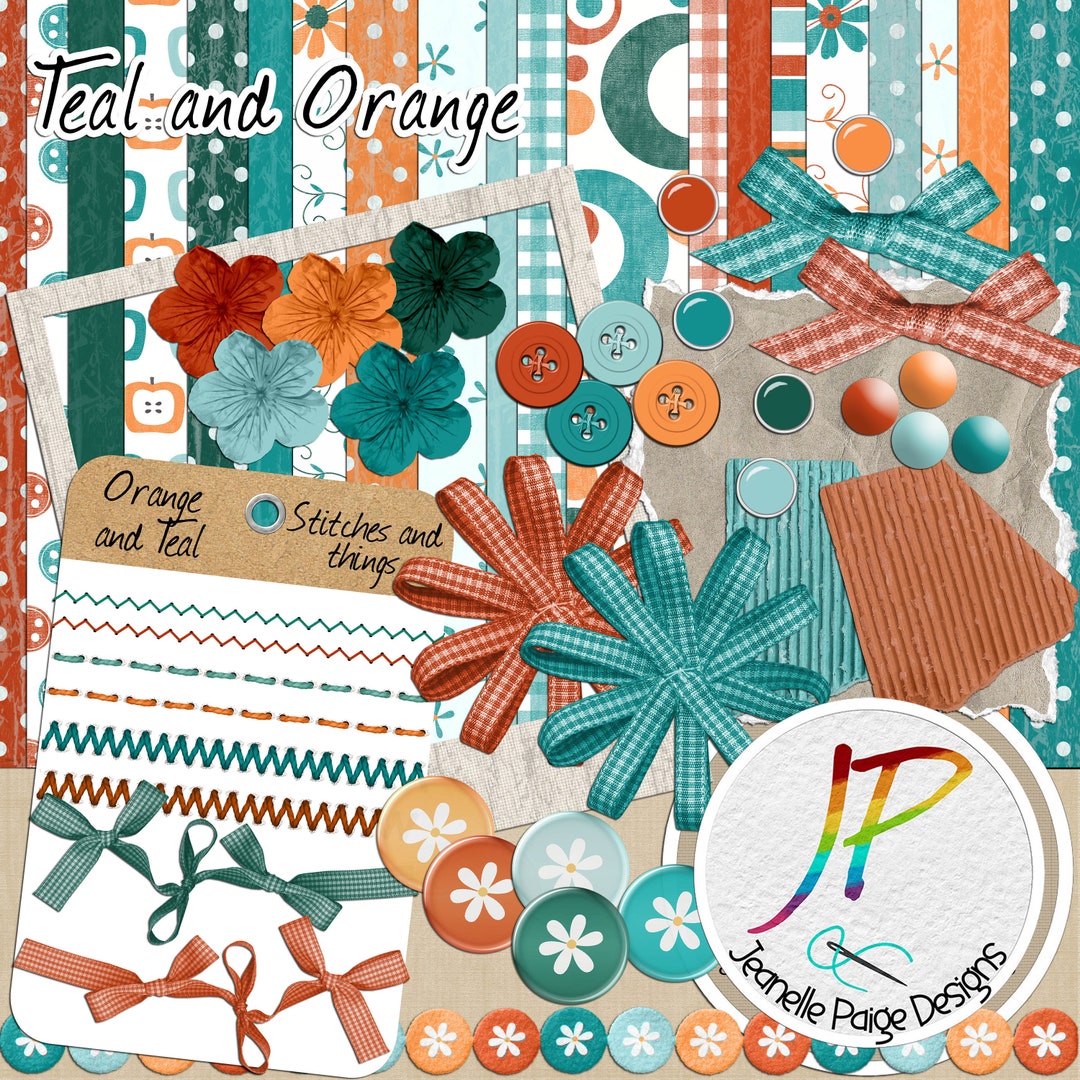 Teal and Orange Digital Scrapbook Kit: Papers, Torn Edges (digital ...