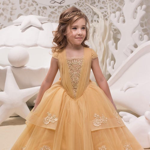 Gold Lace Tulle Formal Flower Girl Dress For Special Occasion Etsy