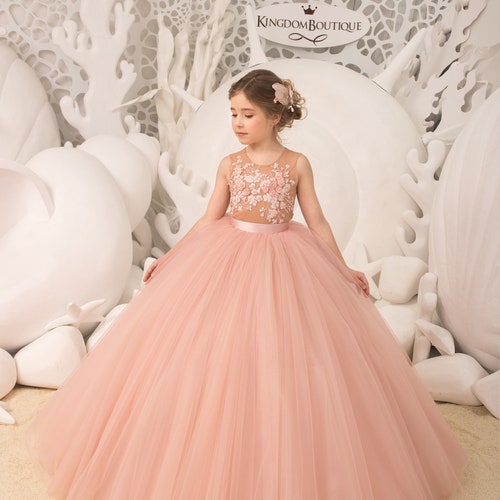 Blush Pink Gold Lace Tulle Formal Flower Girl Dress For Etsy
