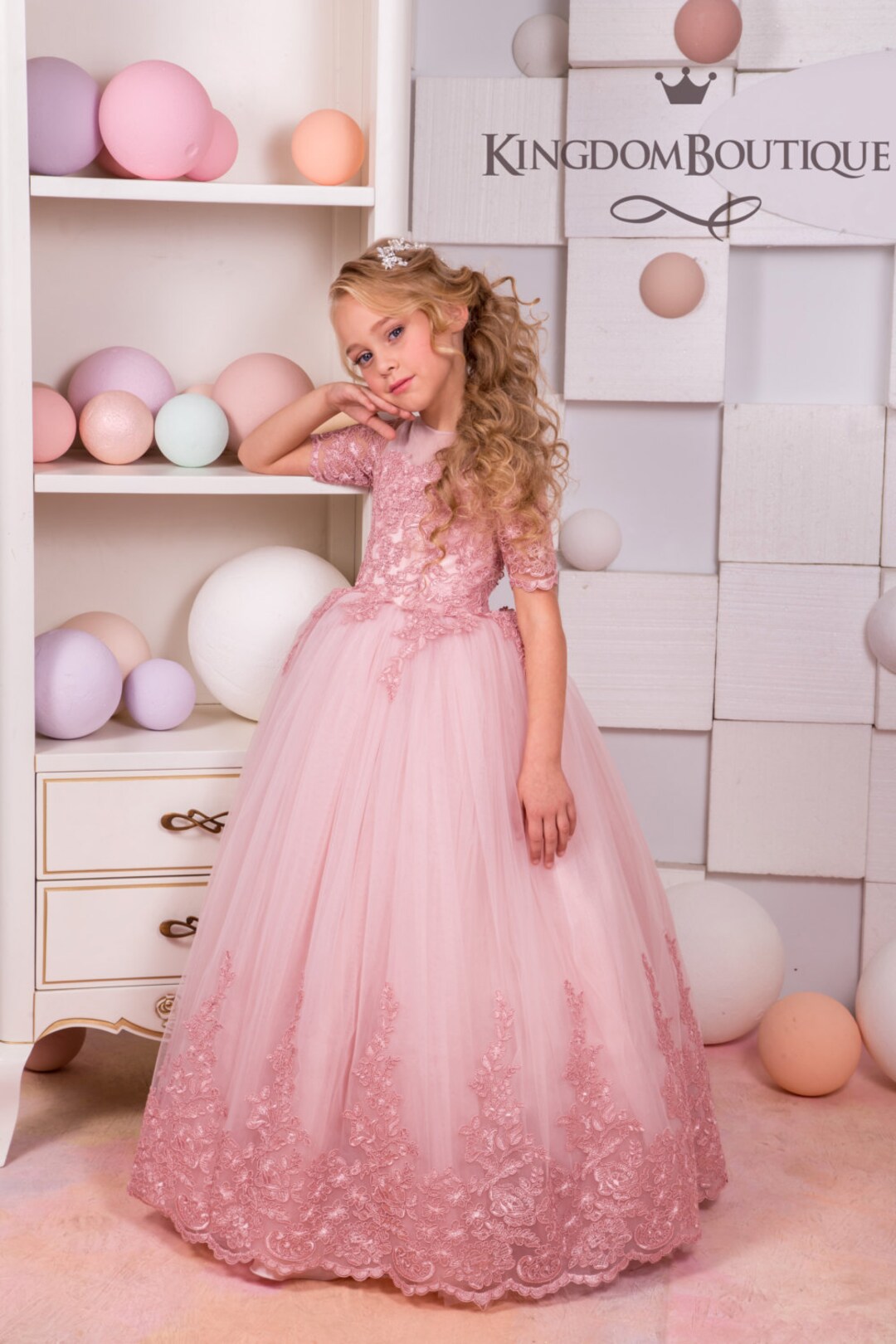 Blush Pink Lace Tulle Flower Girl Dress Wedding Party Holiday Bridesmaid Birthday Blush Pink