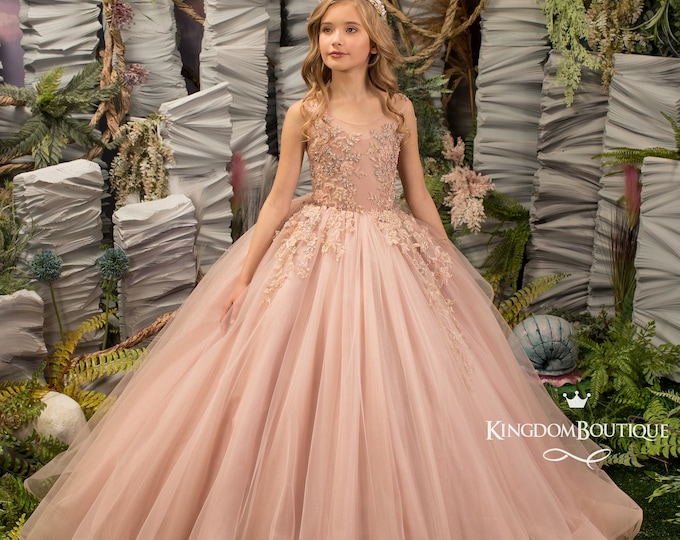 Blush Pink Gold Lace Tulle Formal Flower Girl Dress For Special