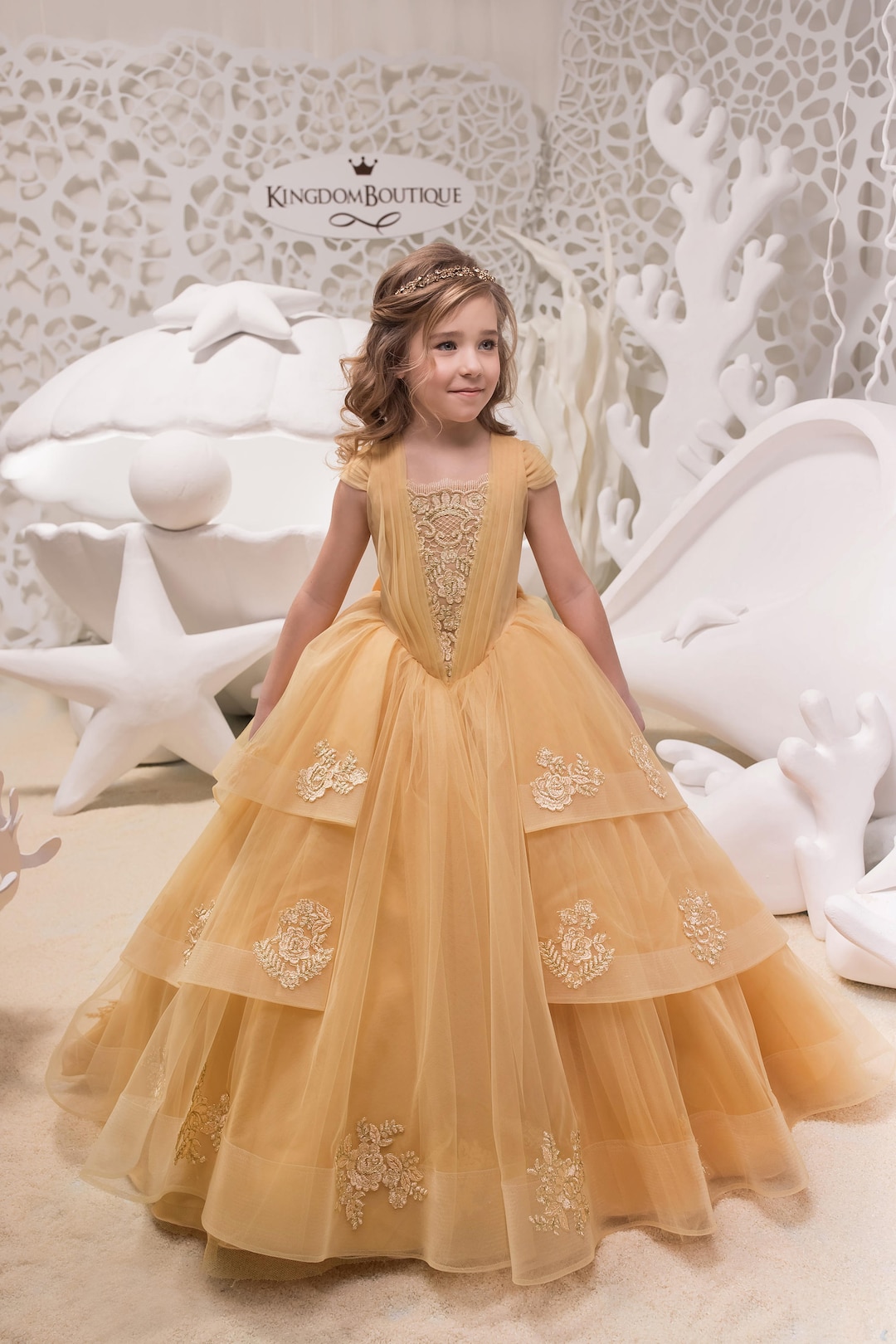 Gold Lace Tulle Formal Flower Girl Dress For Special Occasion