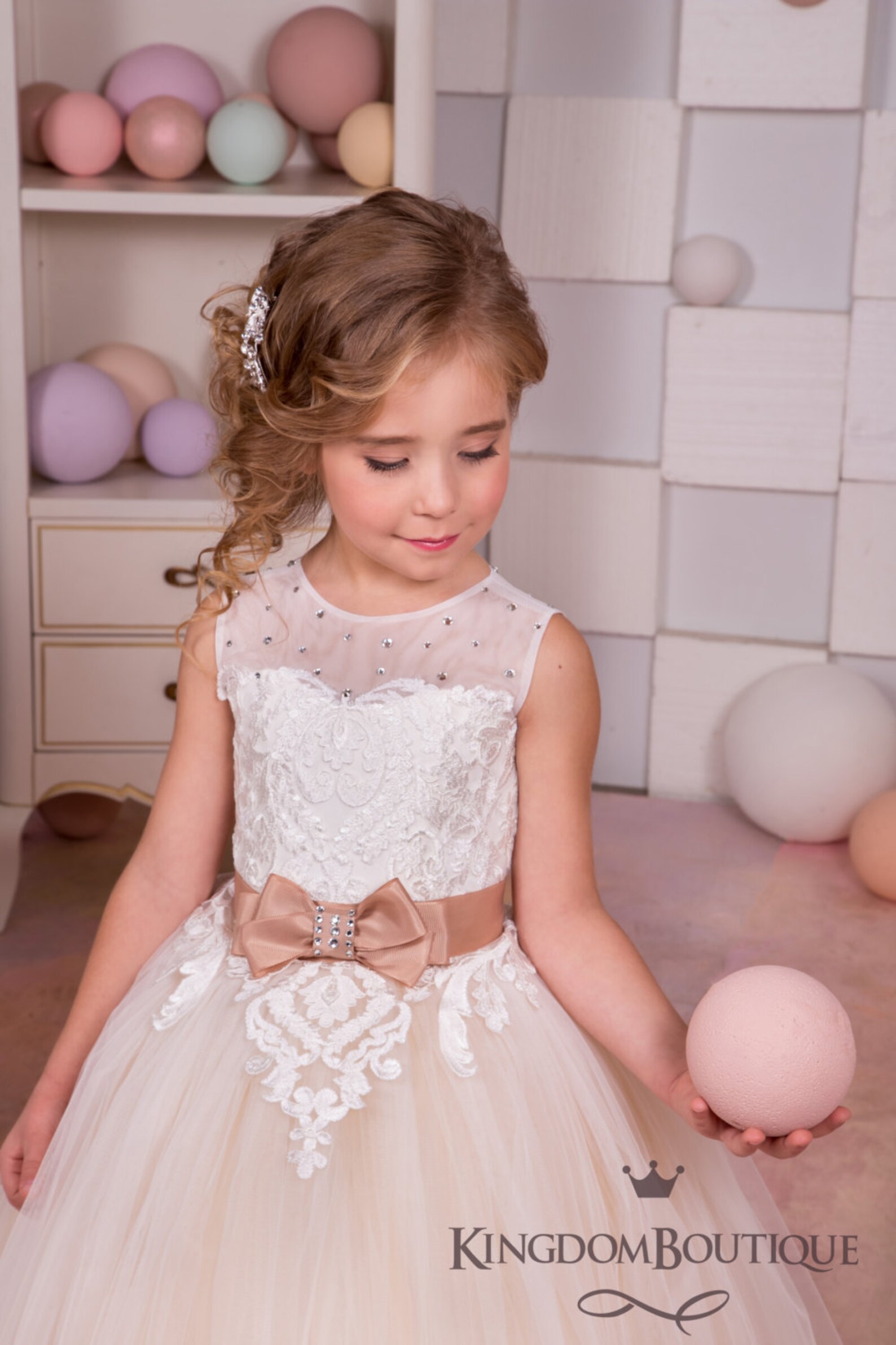 Ivory and Beige Flower Girl Dress Birthday Wedding Party | Etsy