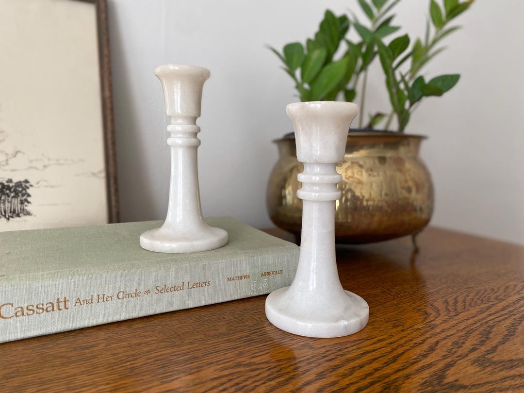 Vintage White Grey Marble Alabaster Candlestick Holders (set of 2 ...