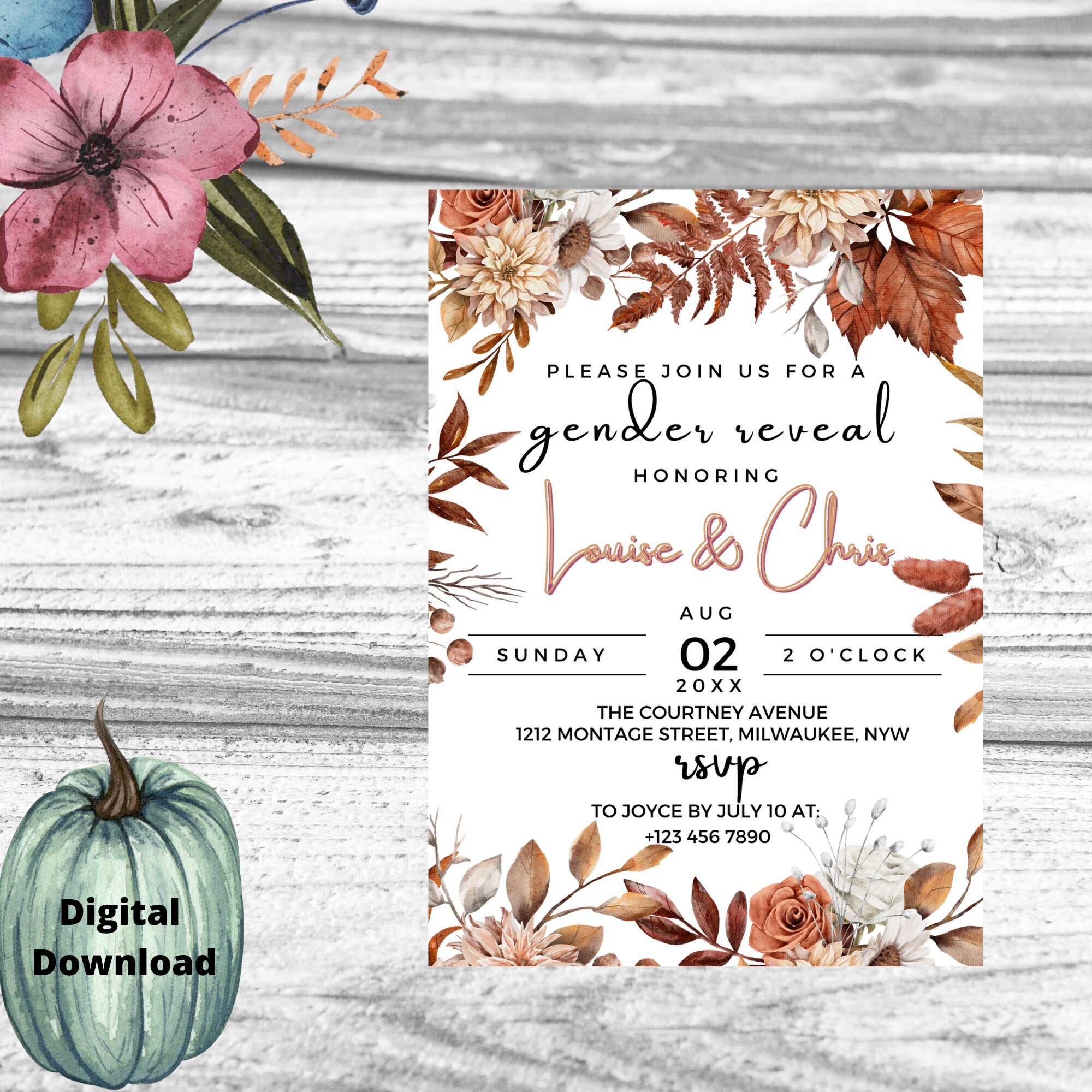 Fall Gender Reveal Invitation Template, Gender Reveal Invite, Gender ...