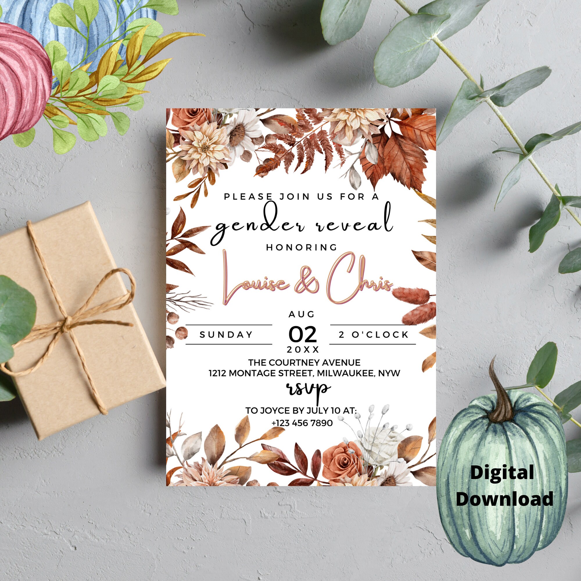 Fall Gender Reveal Invitation Template, Gender Reveal Invite, Gender ...
