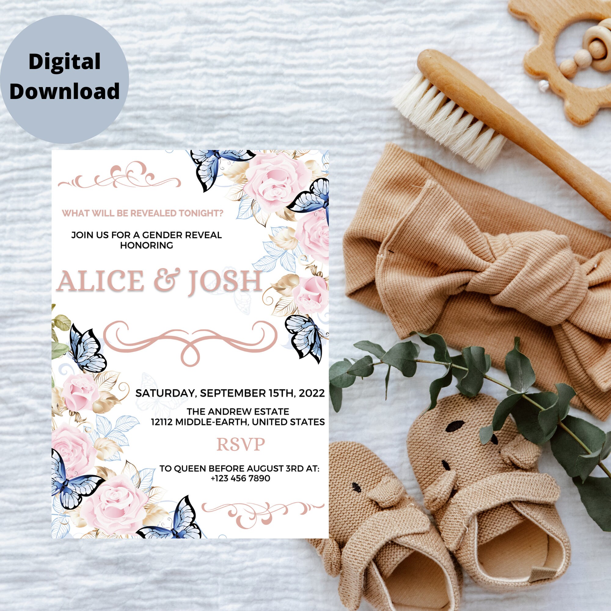 Flowers and Butterflies Gender Reveal Invitation, Pinks and Blues ...