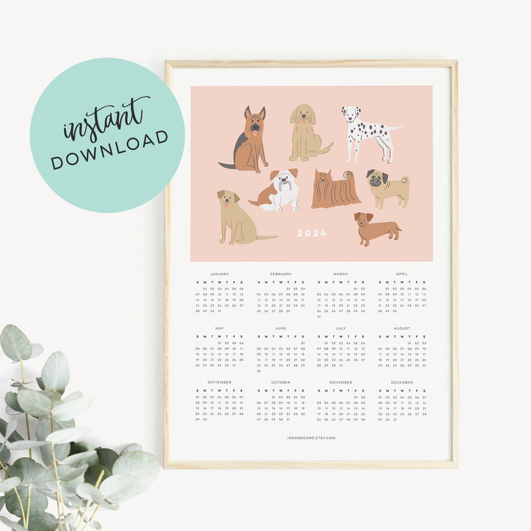 Digital Download 2024 Dog Calendar, A3 Poster Calendar to Print ...