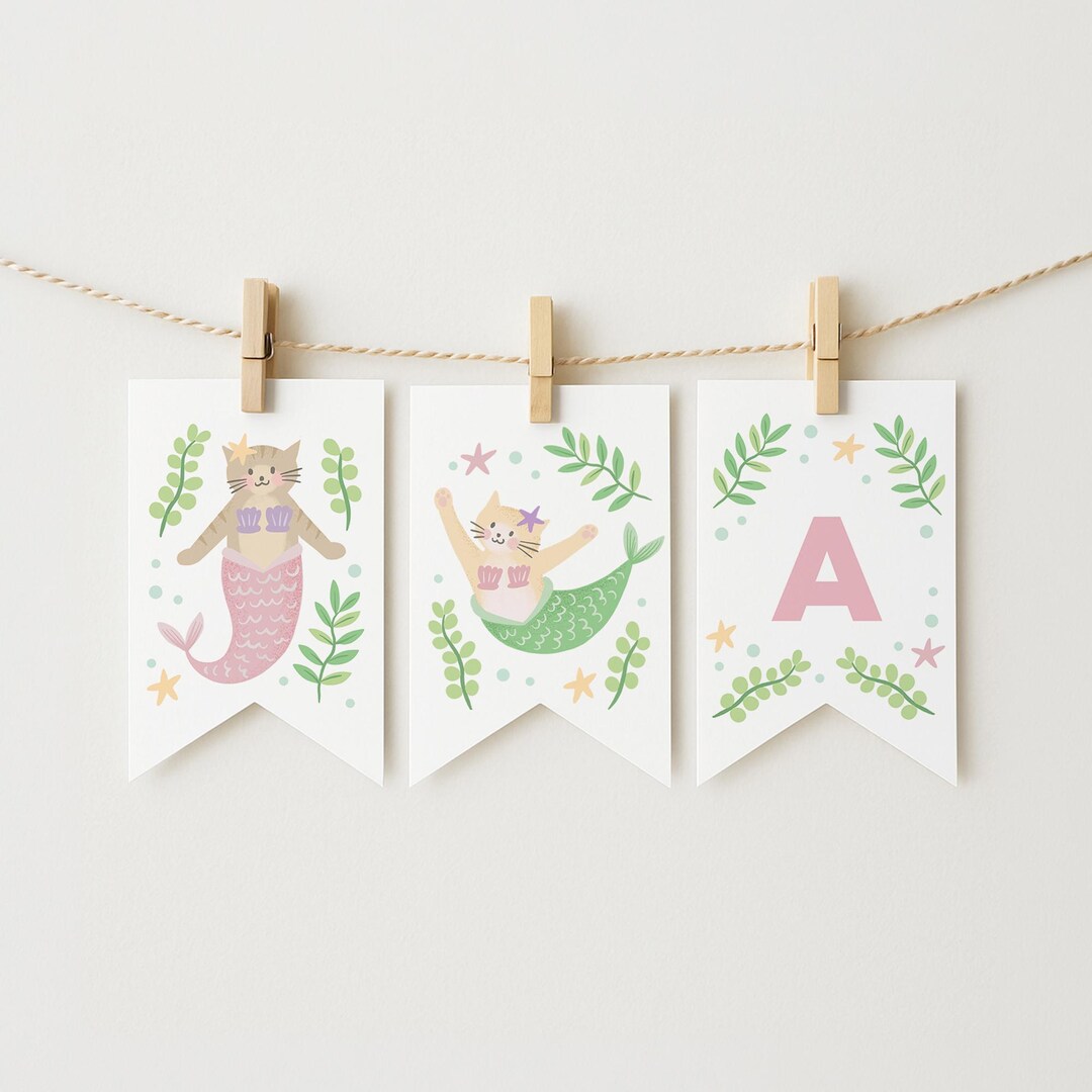 Editable Purrmaid Party Banner: Mermaid Cat, Alphabet Garland (digital ...
