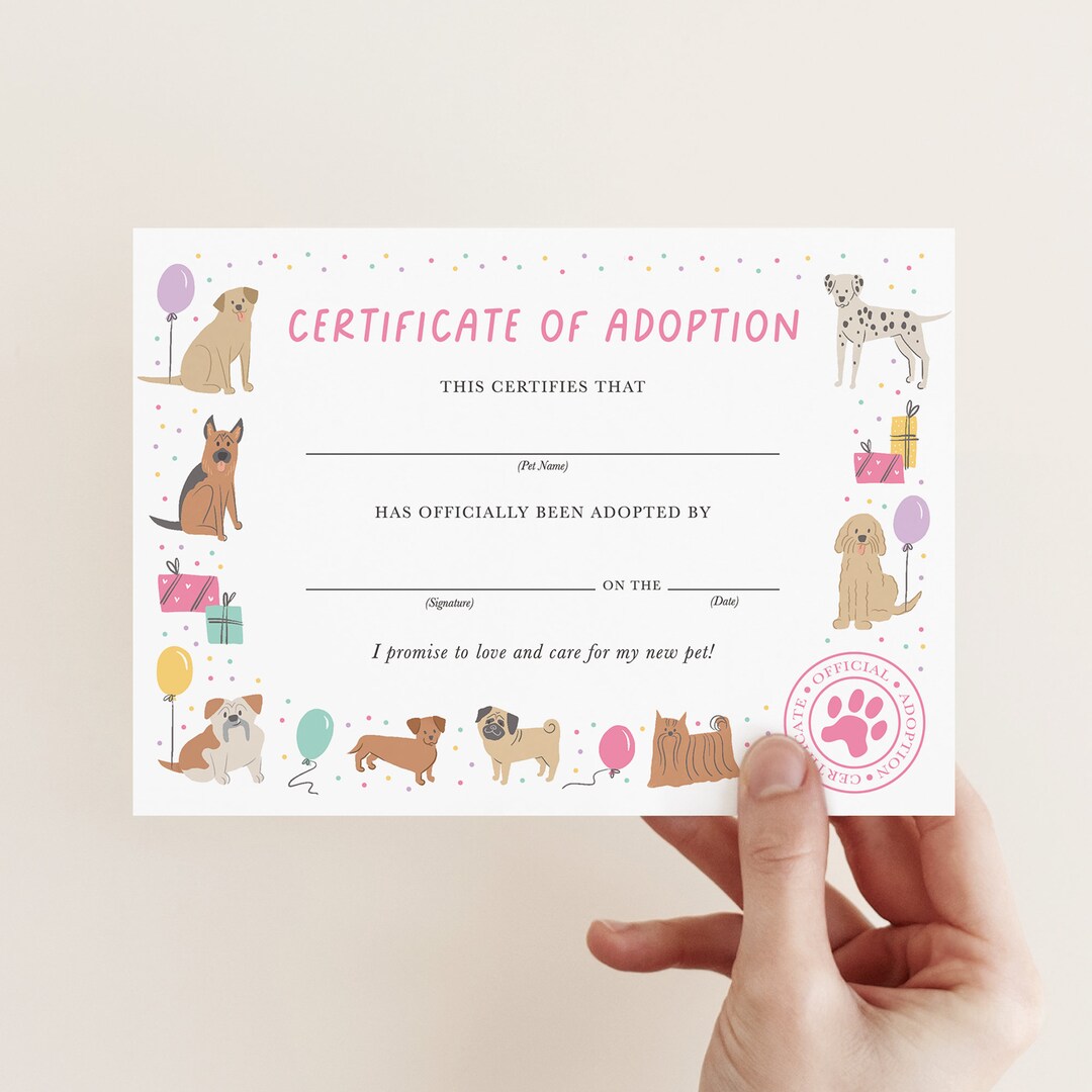 Girls Dog Adoption Certificate: Puppy Party Game (instant Download) Paw ...