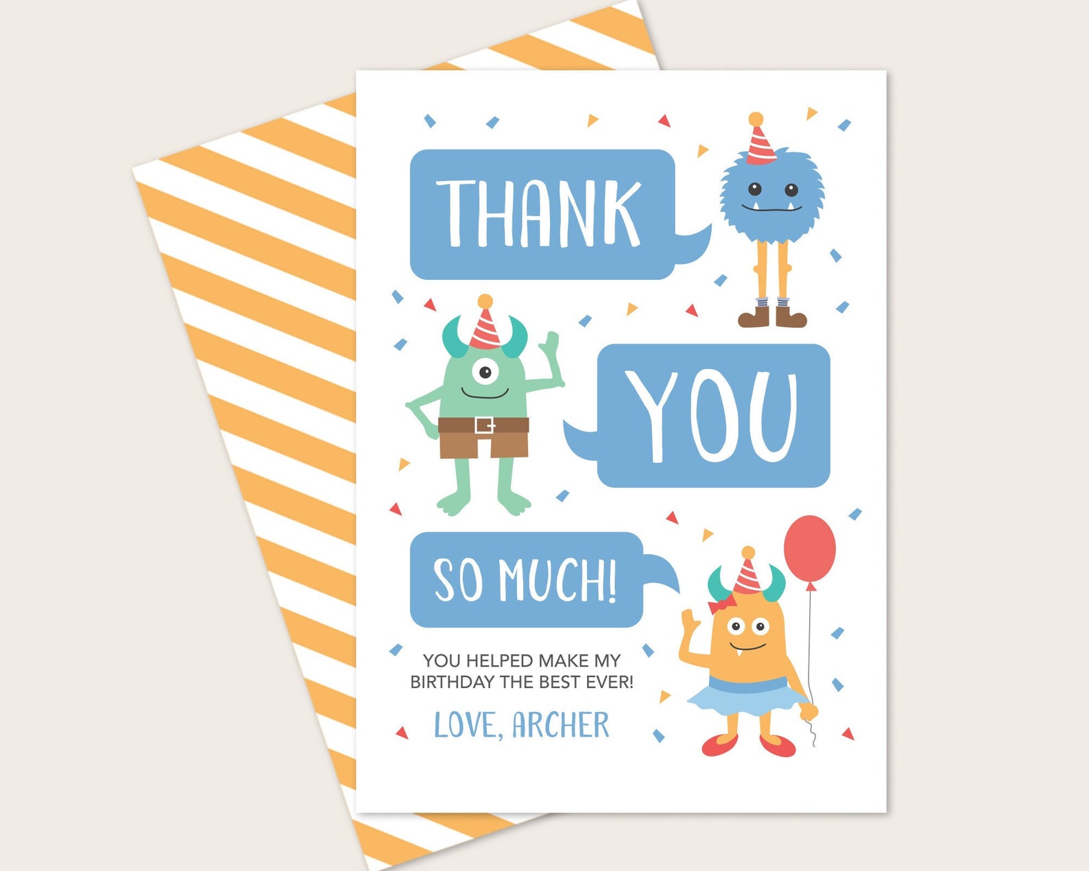 Monster Thank You Card / Boy's Birthday Thank You Card / - Etsy