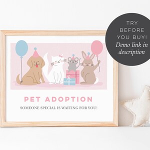 Editable Pet Adoption Sign, Cat and Dog Party Sign Template, Cat ...