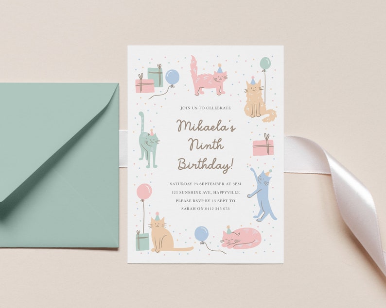 Cat Invitation Template Girls Editable Cat Invitation - Etsy
