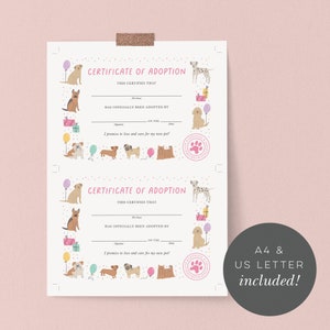 Girls Dog Adoption Certificate: Puppy Party Game (instant Download) Paw ...
