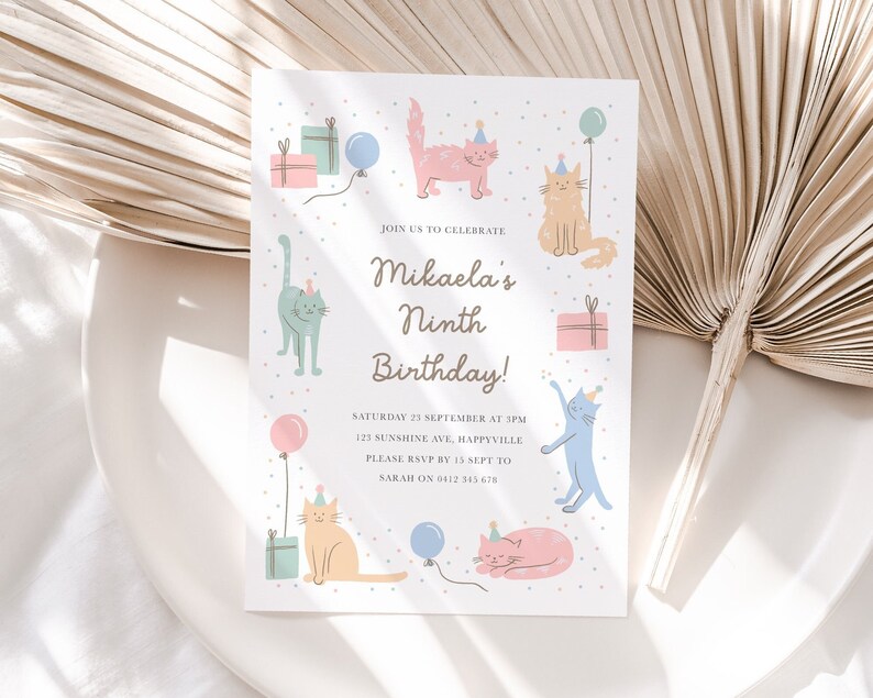 Cat Invitation Template Girls Editable Cat Invitation - Etsy