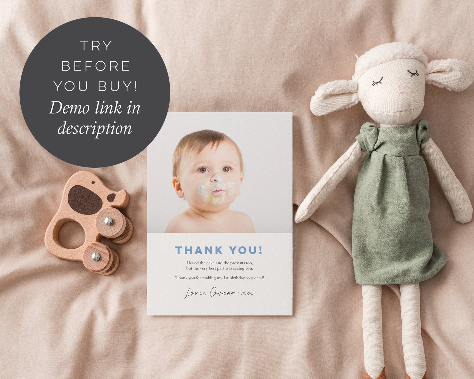 Boys Minimal Thank You Card, Gender Neutral 1st Birthday Thank You Card ...