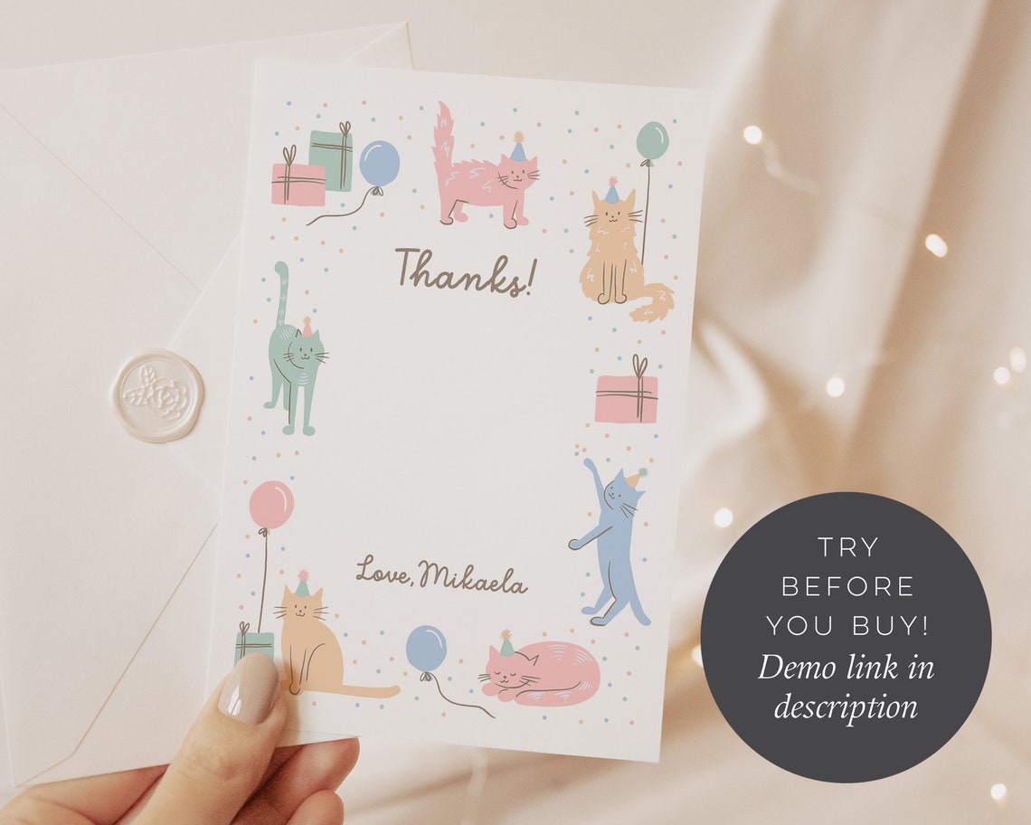 Editable Cat Thank You Card Cat Birthday Thank You Printable - Etsy