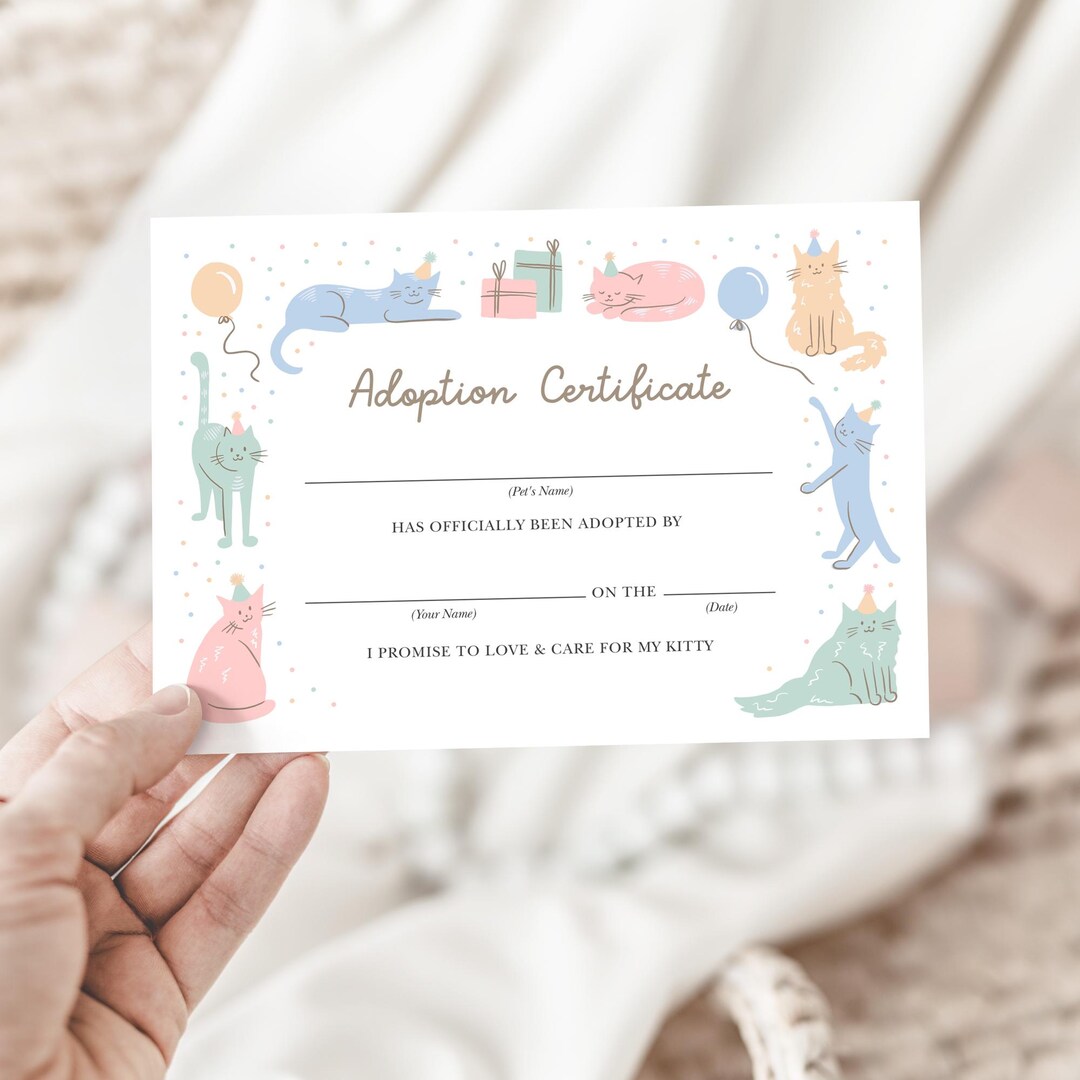 Pastel Rainbow Cat Adoption Certificate Template (editable Digital ...