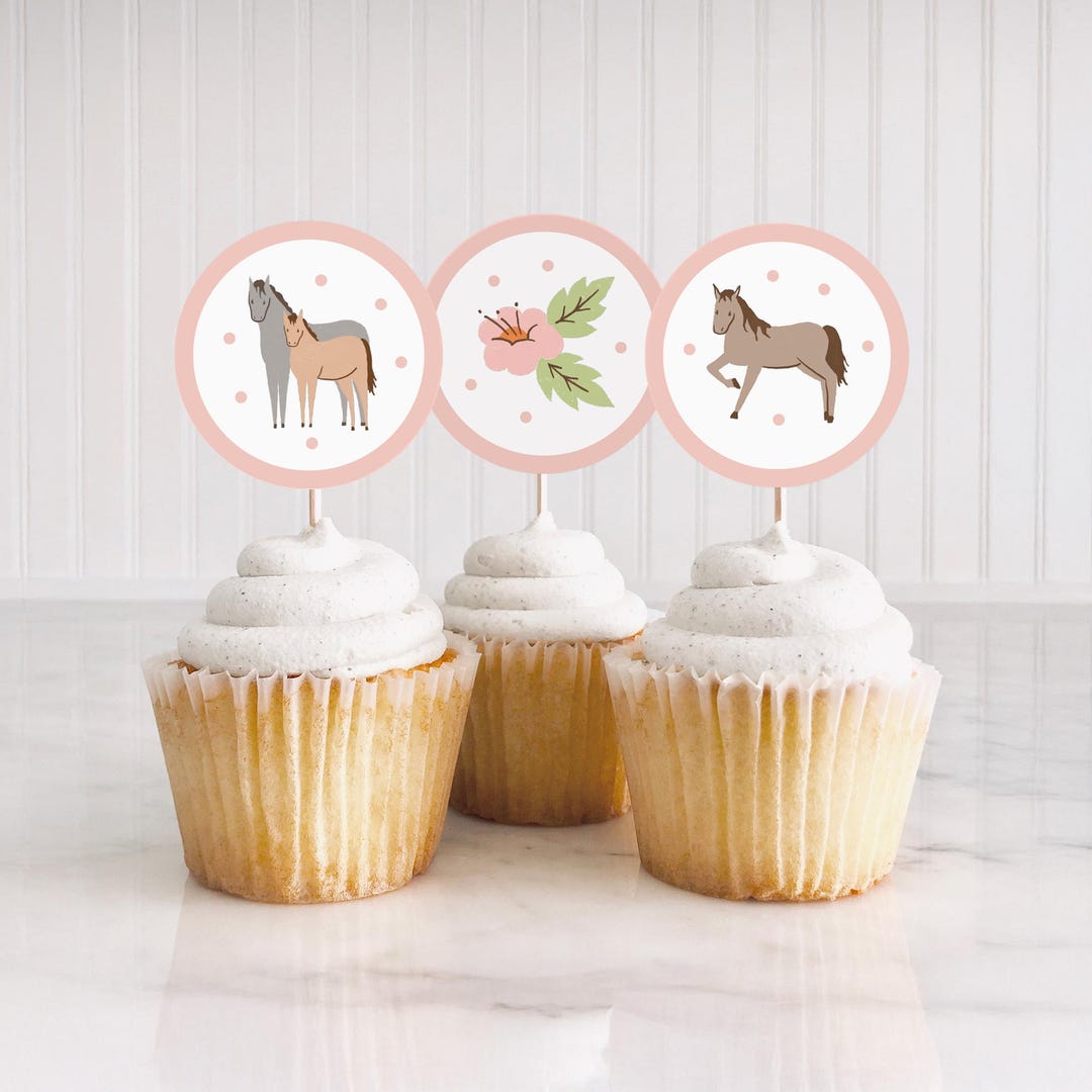 Girls Horse Theme Cupcake Toppers, DIY Round Pony Party Cupcake Toppers ...