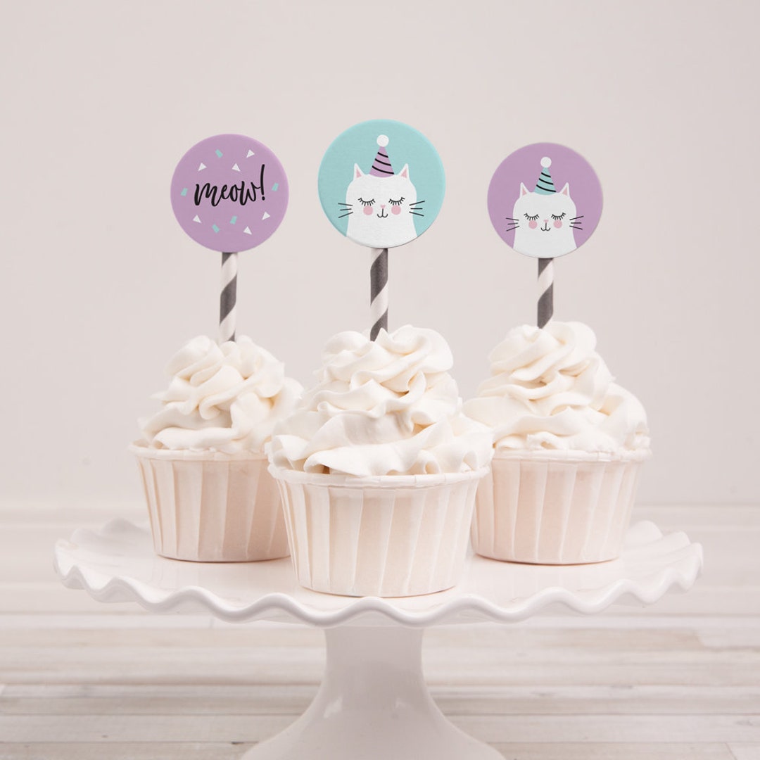 Cat Birthday Cupcake Toppers / DIY 2" Cupcake Toppers / Kitty Birthday ...