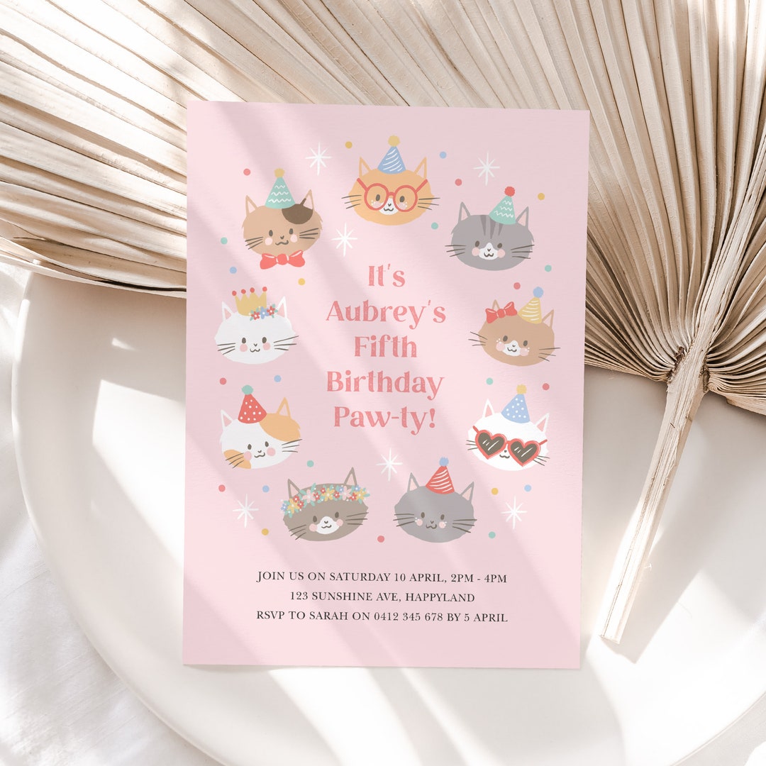 Cute Cat Invitation Template, Editable Kitten Invitation, Girls Cat ...