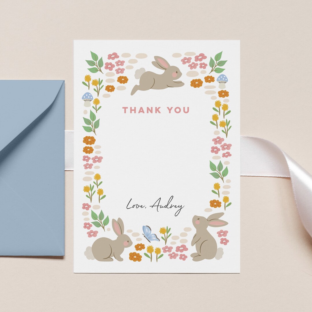 Editable Bunny Thank You Card: Rabbit Birthday Party Template (digital ...