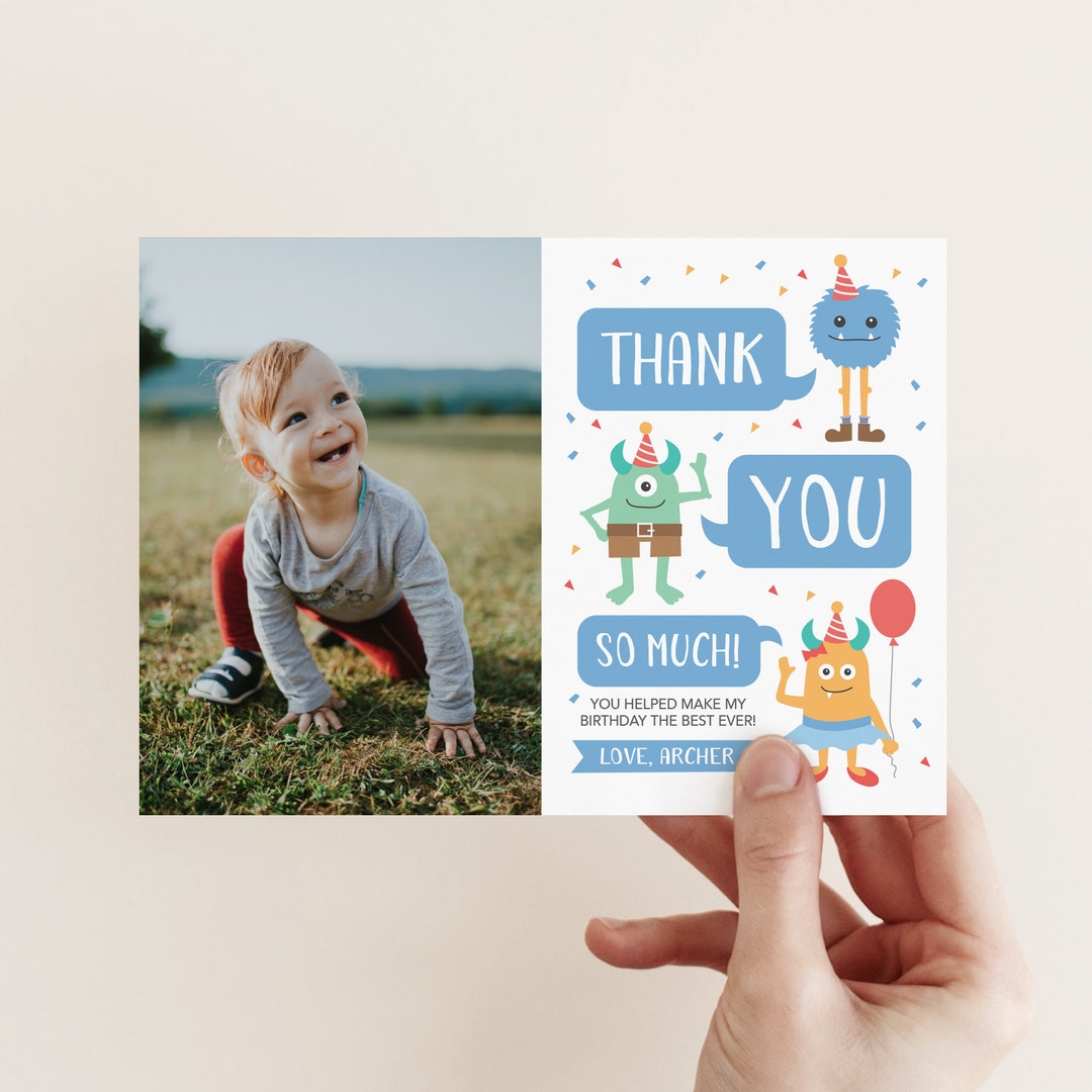 Monster Birthday Thank You Card With Photo / Little Monster Birthday ...
