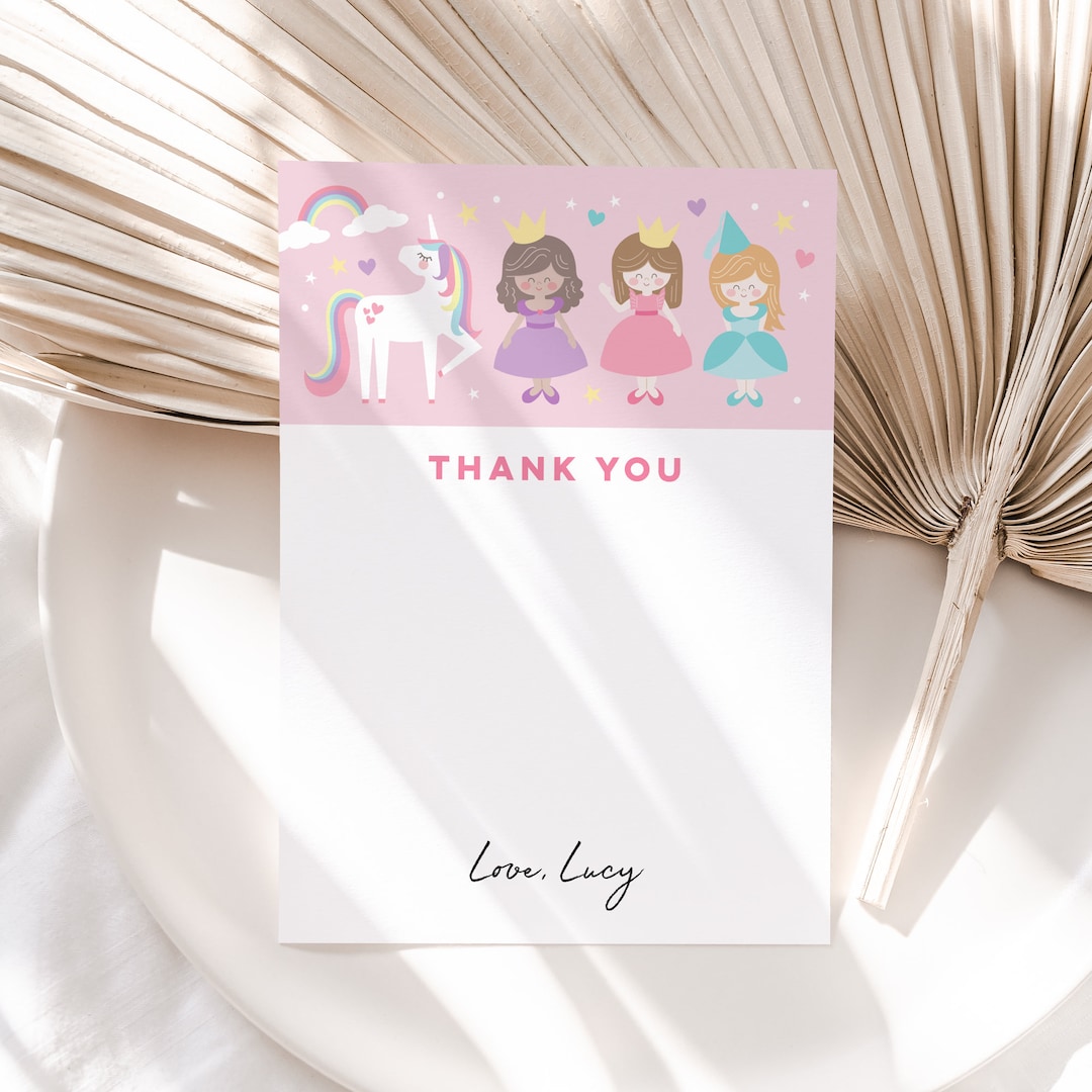 Editable Princess Thank You Card, Rainbow Princess Thank You Template ...