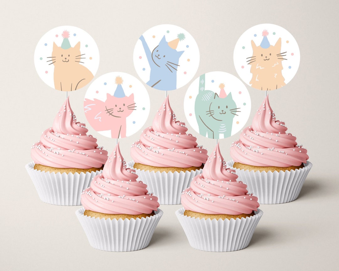 Pastel Rainbow Cat Cupcake Toppers, Cat Party Cupcake Toppers, Round ...