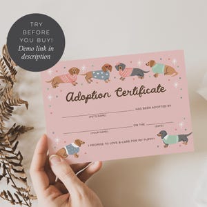 Editable Dachshund Adoption Certificate: Girls Dog Party Template (5x7 ...