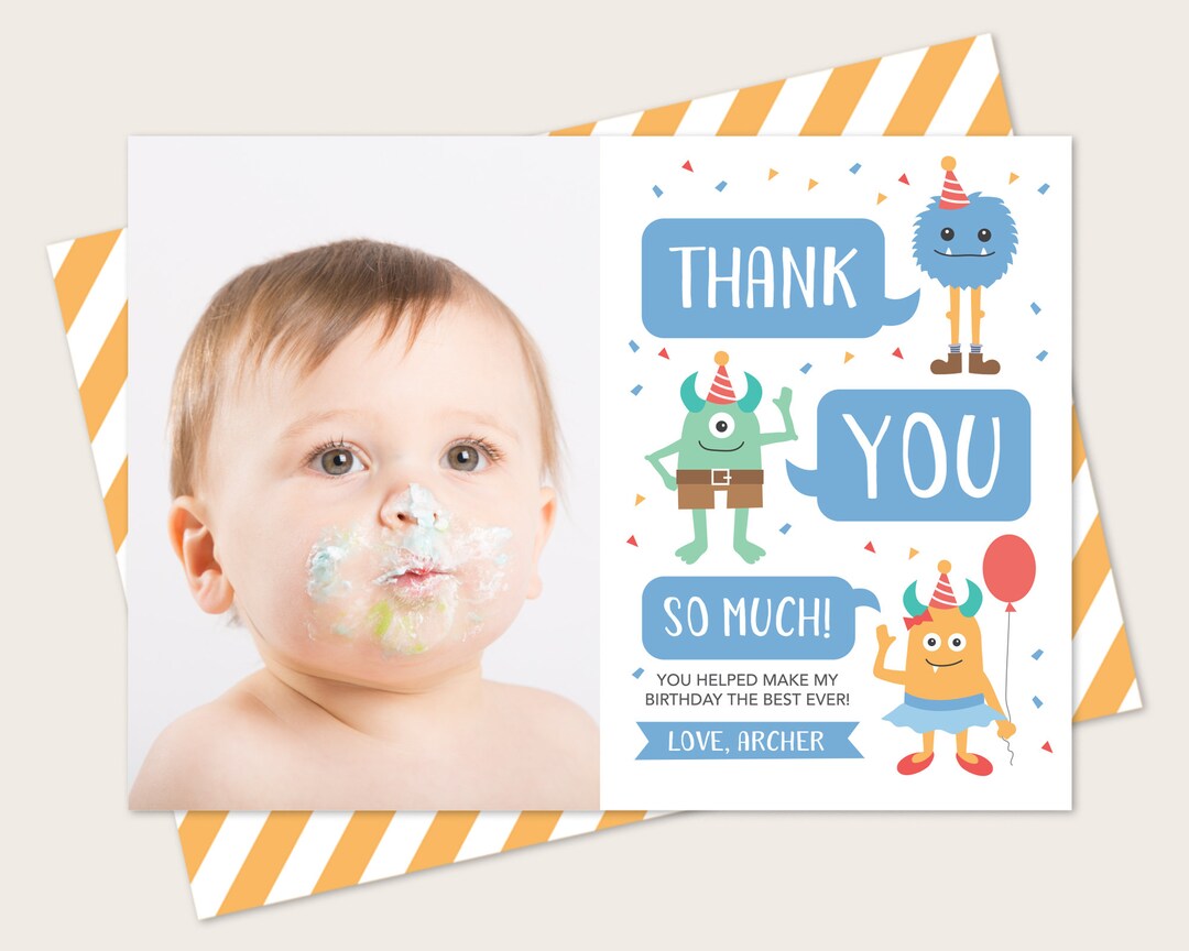 Monster Birthday Thank You Card With Photo / Little Monster Birthday ...
