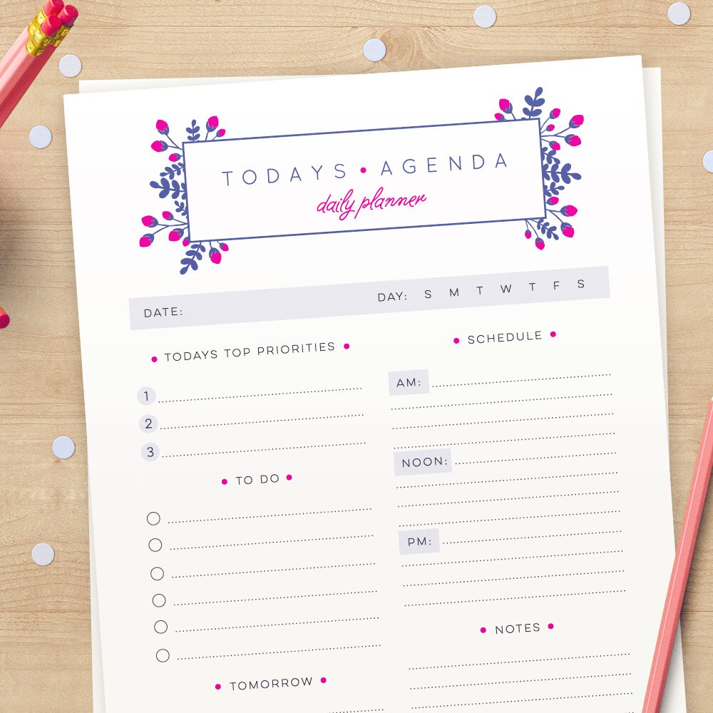 Pretty daily planner in A4 and US Letter in purple and hot | Etsy