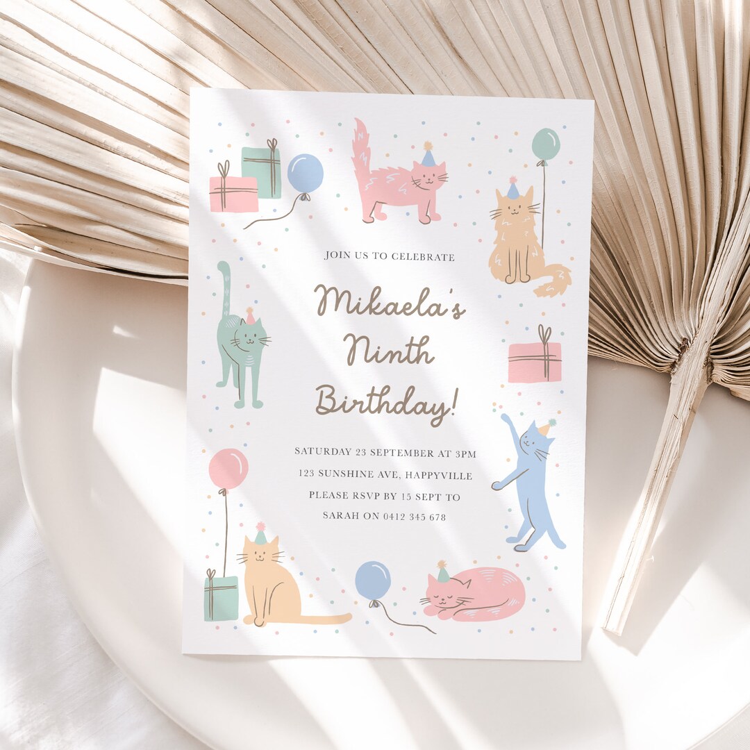 Cat Invitation Template, Girls Editable Cat Invitation, Rainbow Cat ...