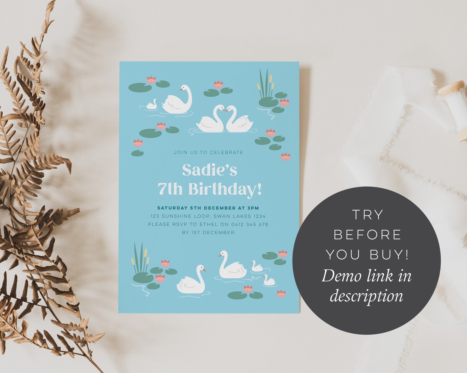 Girls Swan Birthday Invitation Swan Lake Birthday Invitation - Etsy