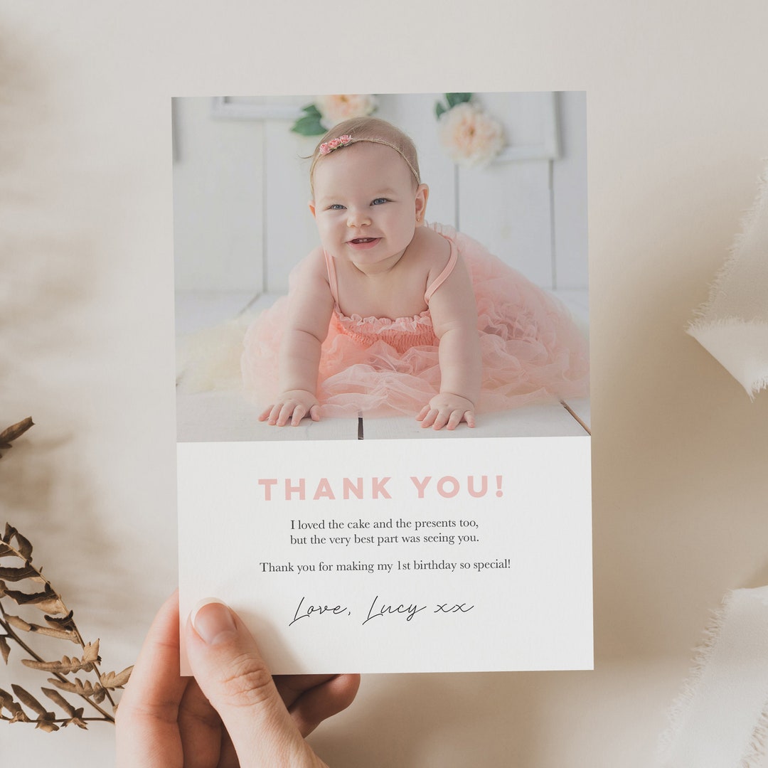 Minimal and Modern Girls Thank You Card, 1st Birthday Thank You Card ...