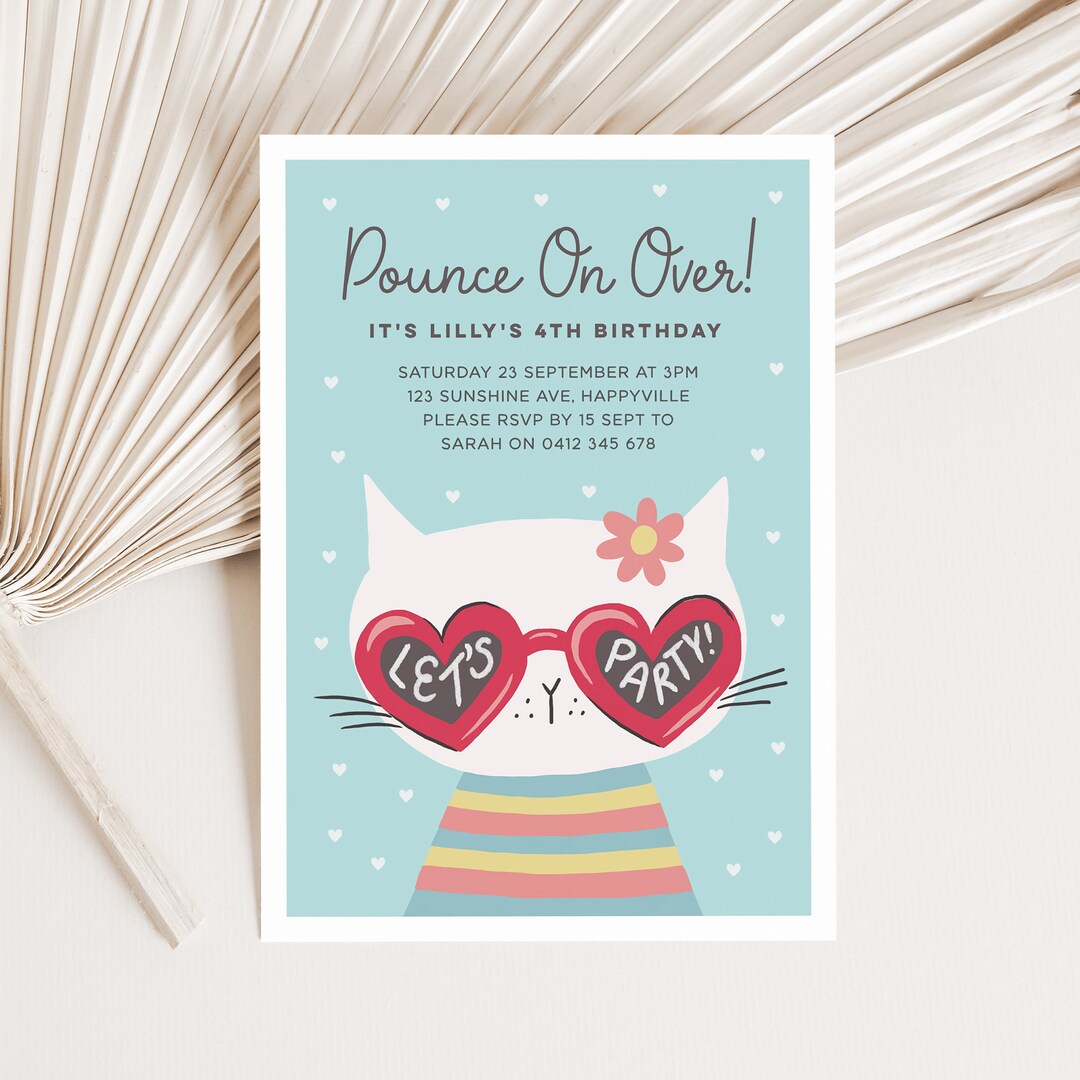Girls Cat Birthday Invitation: Editable Kitty Party Template, Lets ...