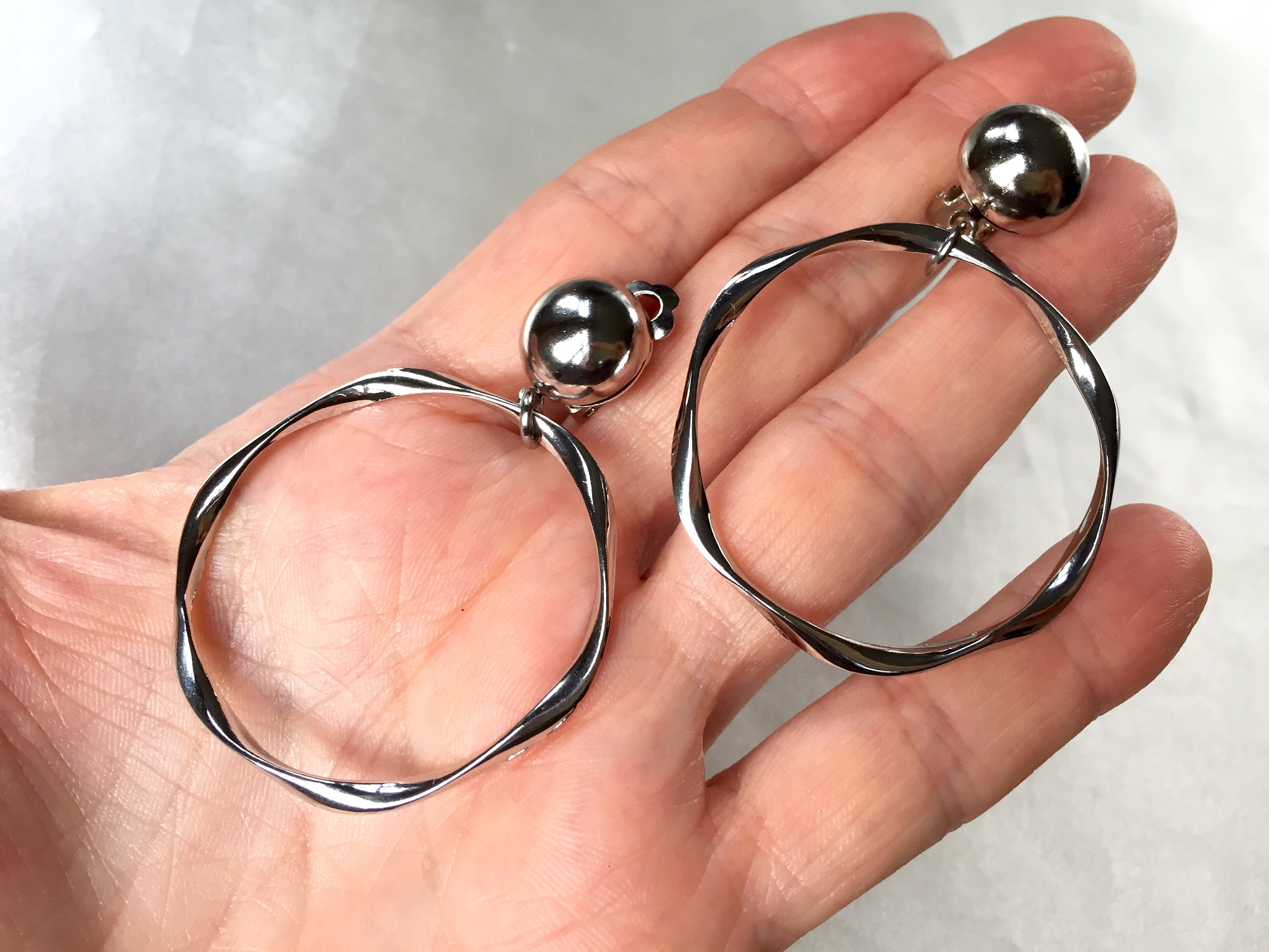 70s Large Silver Dainty Twisted Ribbon Hoops Clip on - Etsy