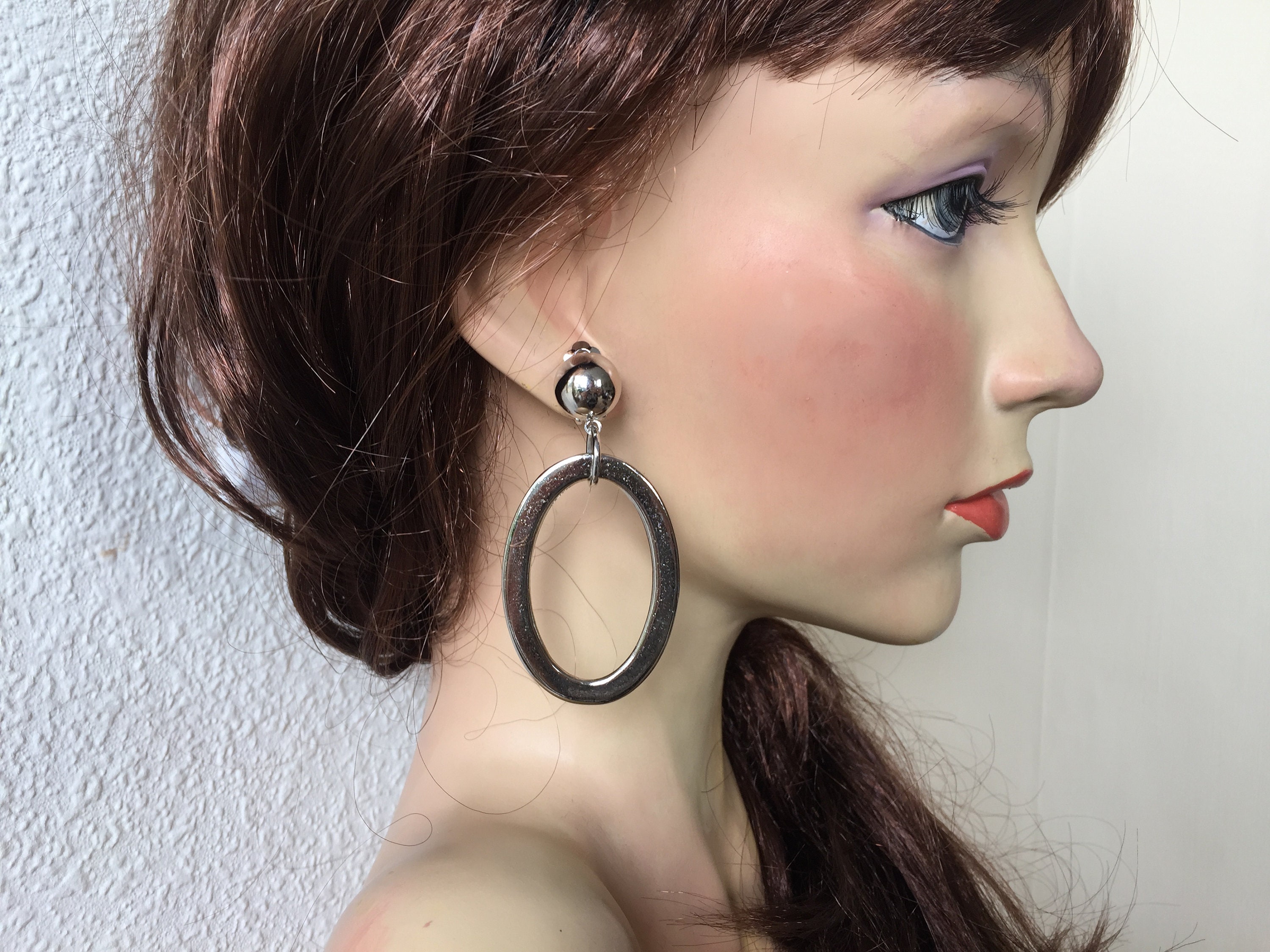 80's Extra Large Platinum Silver Oval Hoops Clip on | Etsy