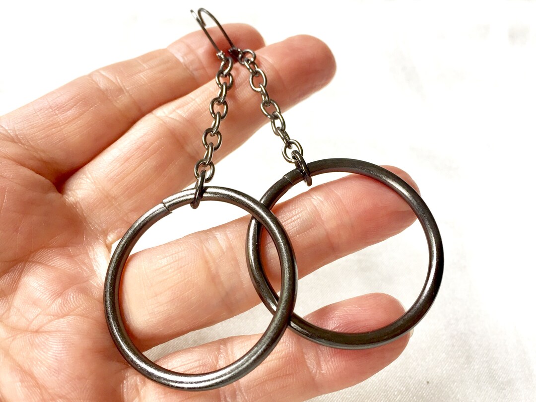 80s Large Steampunk Gunmetal Hoops and Chains Lever Back Earrings ...