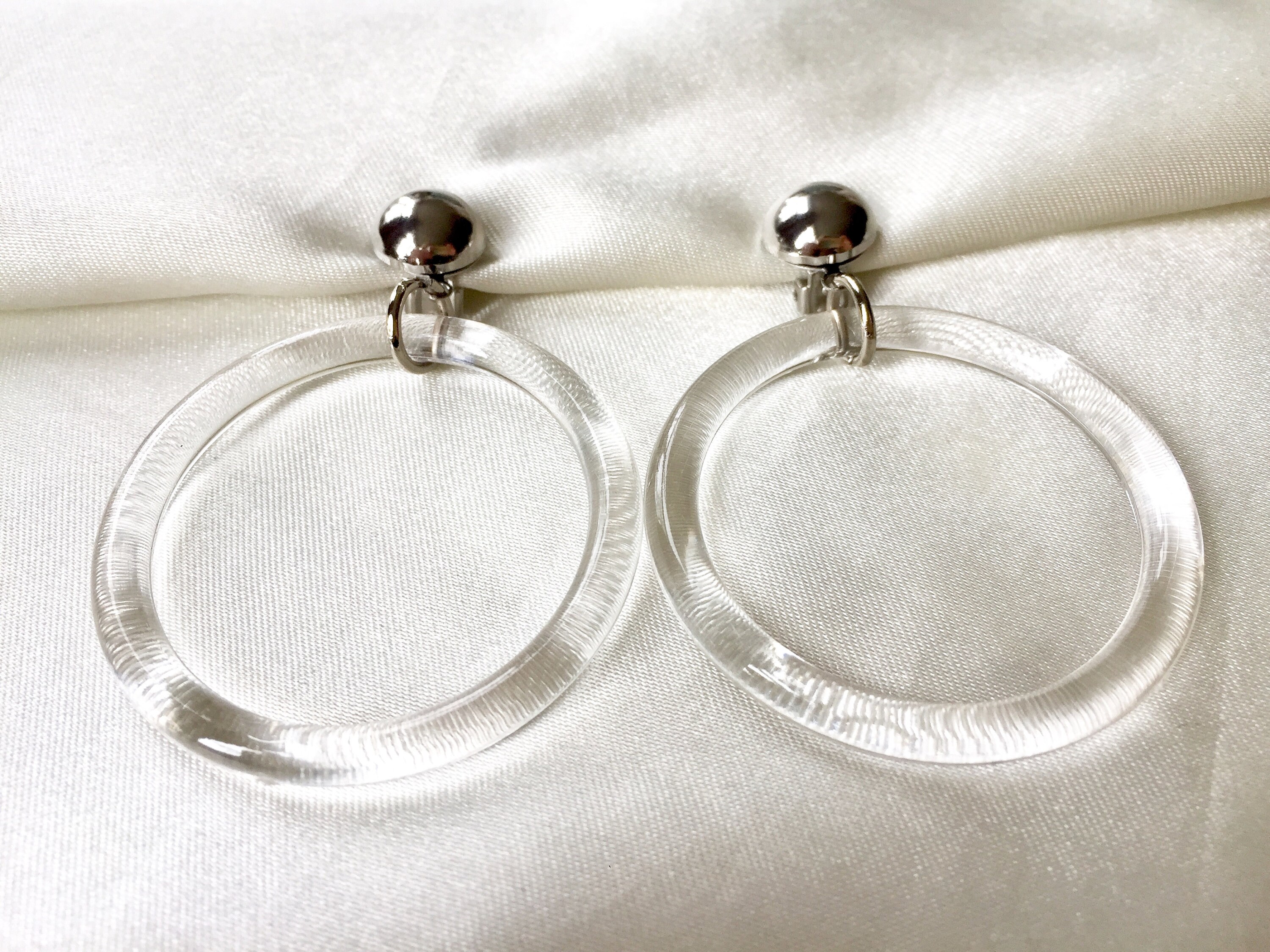 Vintage 80s Extra Large Clear Hoops and Platinum Silver Tone Button ...