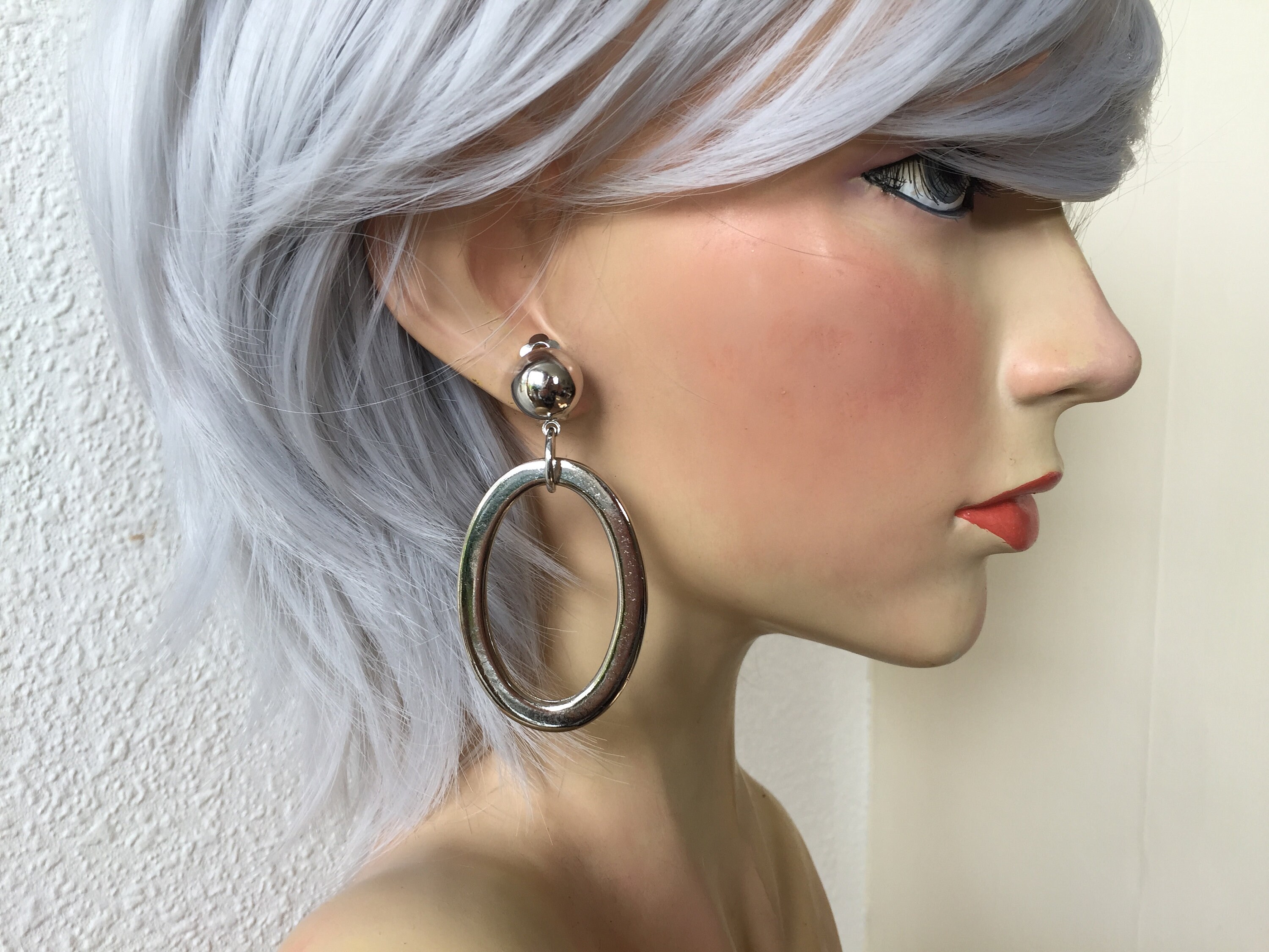 80's Extra Large Platinum Silver Oval Hoops Clip on | Etsy