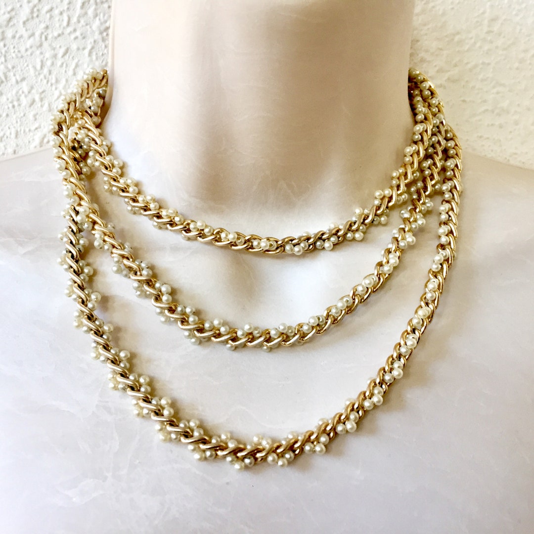 Vintage 70s Extra Long Faux Seed Pearls and Gold Curb Chain Necklace ...
