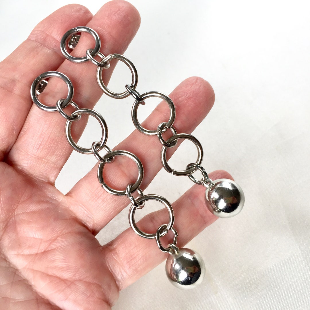 Vintage 70s Long Silver Tone Four Hoops and Ball Dangle Stud Earrings,silver Ring Post With ...