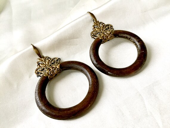 Vintage 70s Extra Large Brown Wood Tube Hoops with Or… - Gem