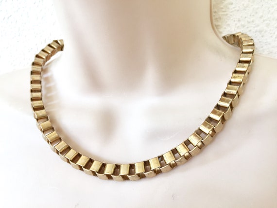 Vintage 70s Chunky Gold Tone Box Chain Choker,Antique… - Gem