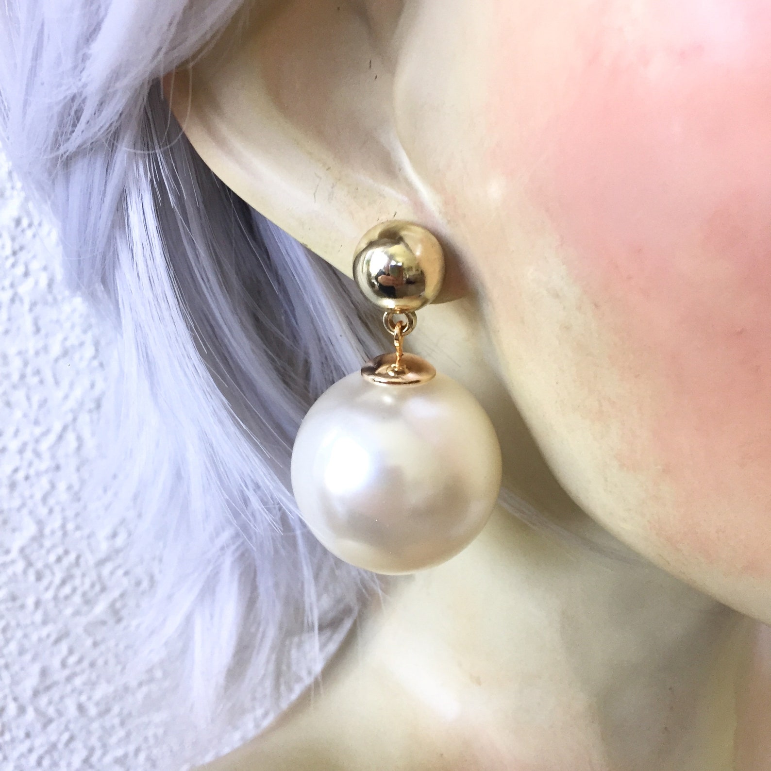 Vintage 80s Giant Cream Pearls and Gold Tone Half Ball Stud Earrings ...