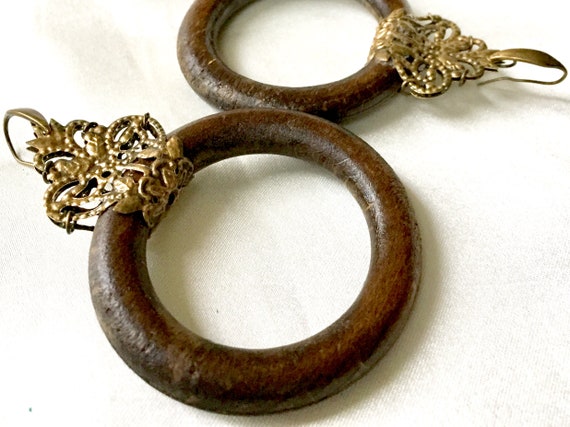Vintage 70s Extra Large Brown Wood Tube Hoops with Or… - Gem