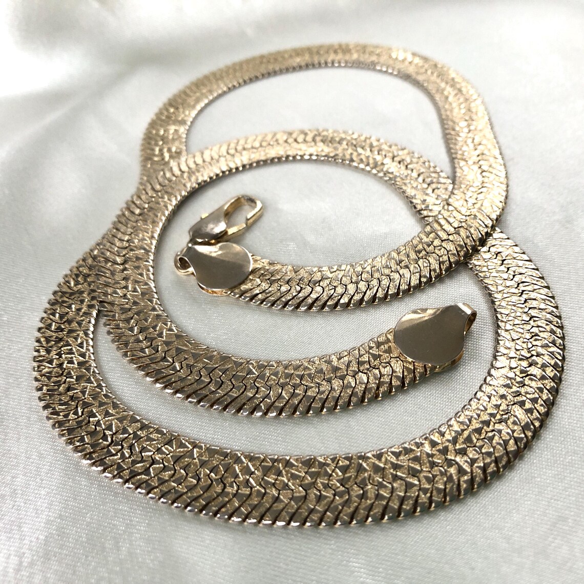 Vintage 80s Long Champagne Gold Double Sided Flat Herringbone ...